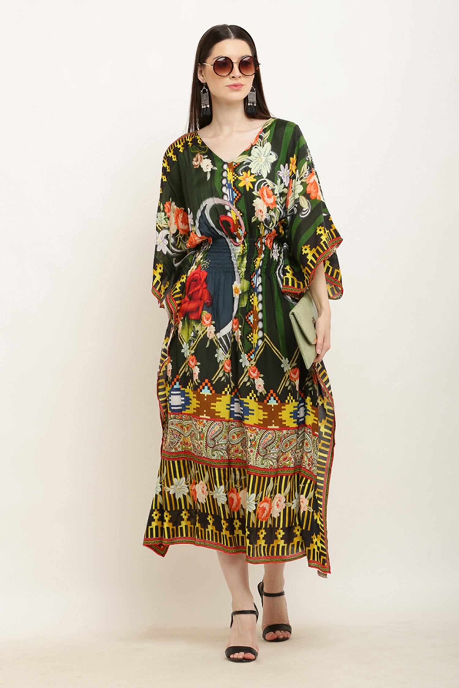 Buy Green Modal Silk Printed Paisley V Neck Shirred Waist Kaftan For ...