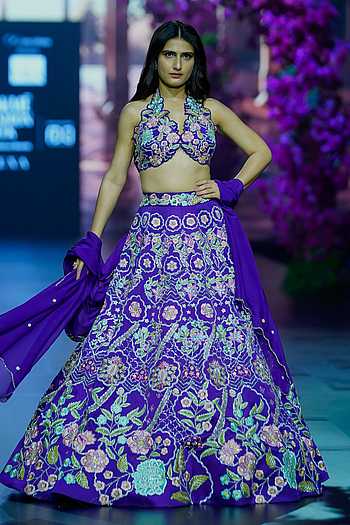 Buy Blue Linen Satin Embroidery Floral Halter Neck Garden Lehenga Set ...
