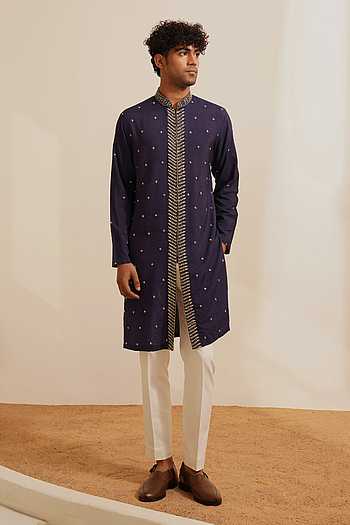 Buy Blue Chanderi Silk Embellished Bead Mihir Vine Border Kurta With ...