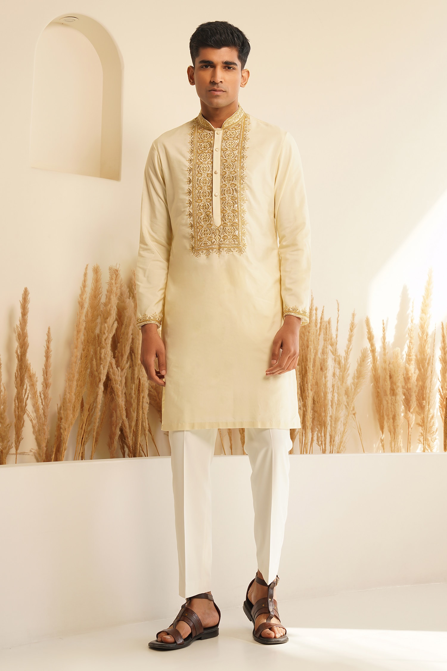 Buy Off White Chanderi Silk Embroidered Zari Ekansh Kurta With Pant For ...