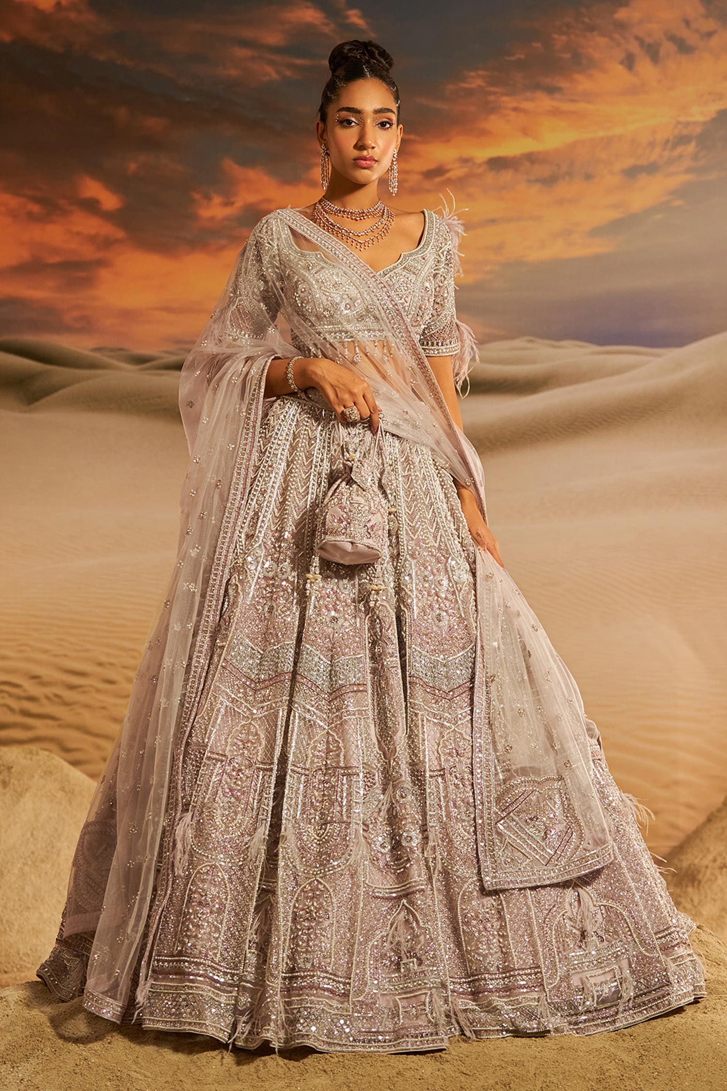 Buy Purple Organza Hand Rayna Faux Feather Detailed Lehenga Set For ...