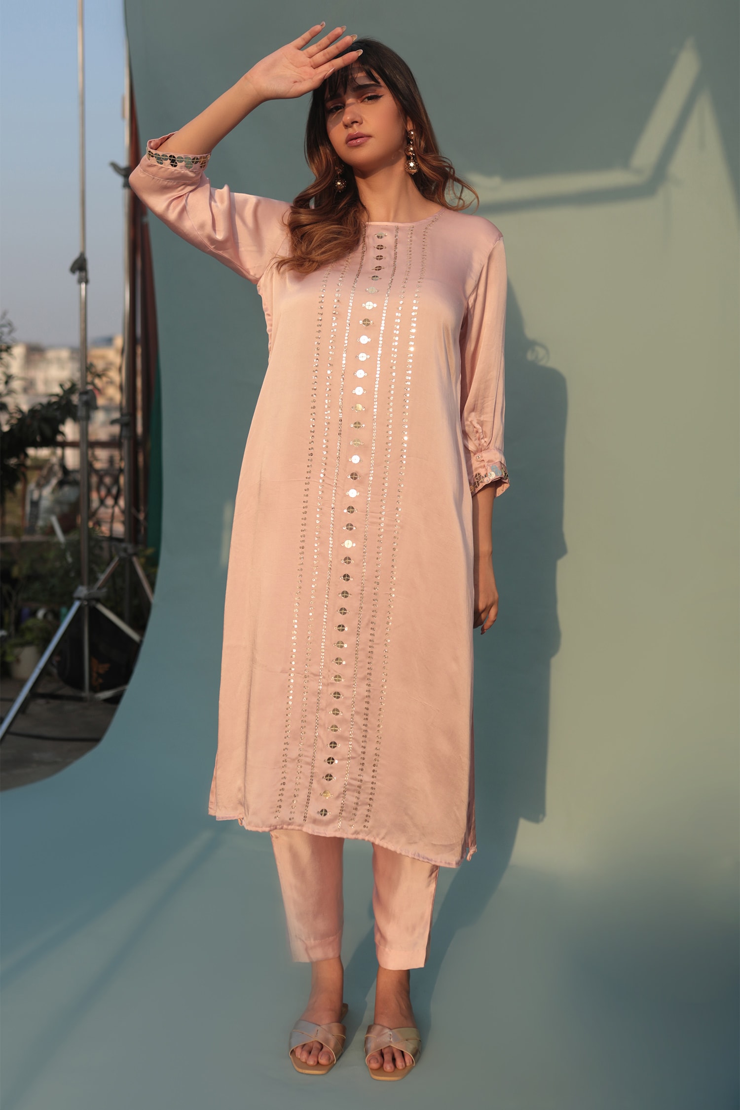 Buy Pink Satin Vegan Embellished Sequin Round Saba Kurta With Pant For ...
