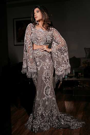 Buy Silver Net Hand Embroidery Sequins Scoop Fish Cut Lehenga With ...