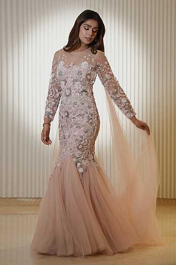 Buy Pink Net Hand Embroidery Reflecting Beads Round Neck Mermaid Gown ...