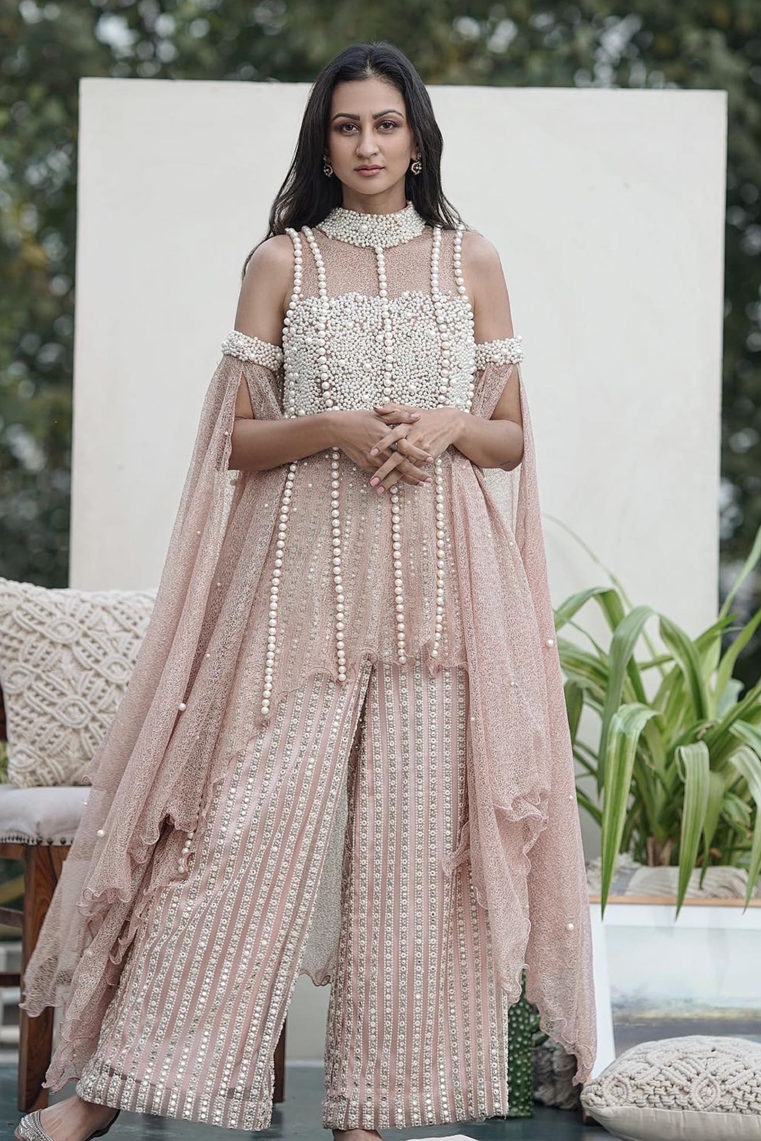 Buy Pink Tunic And Armlets Zari Net & Rhinestone Embellished Palazzo ...