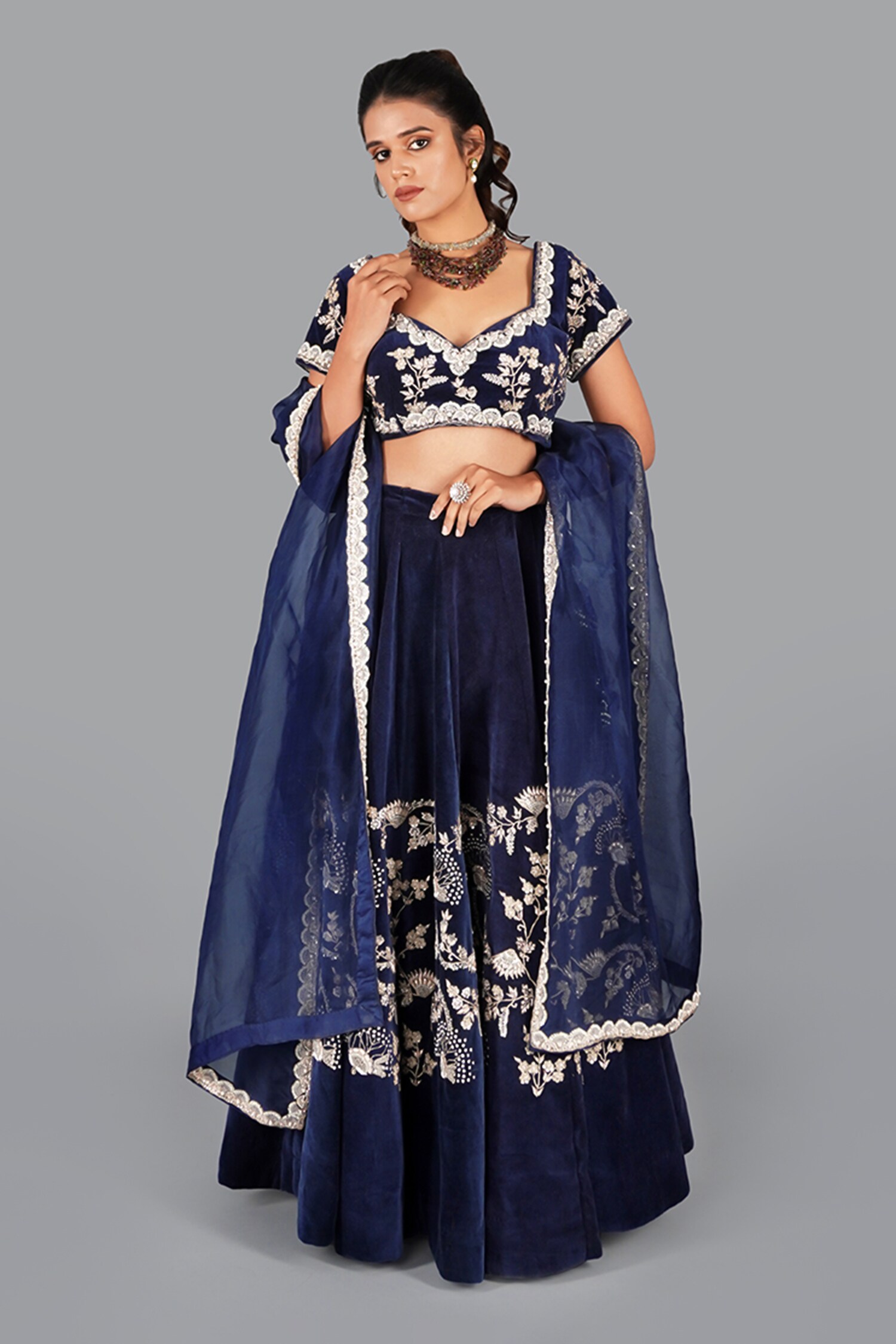 Buy Blue Velvet Embroidered Anchor Sweetheart Blouse Lehenga Set For ...