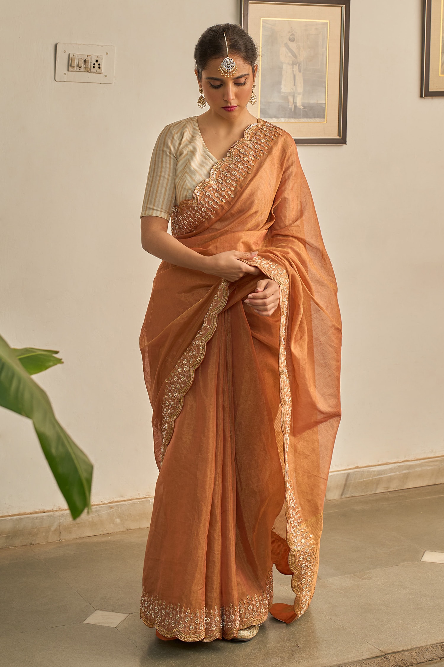 Buy Orange Tissue Placement Hand Embroidery Floral Sunehra Border Saree ...