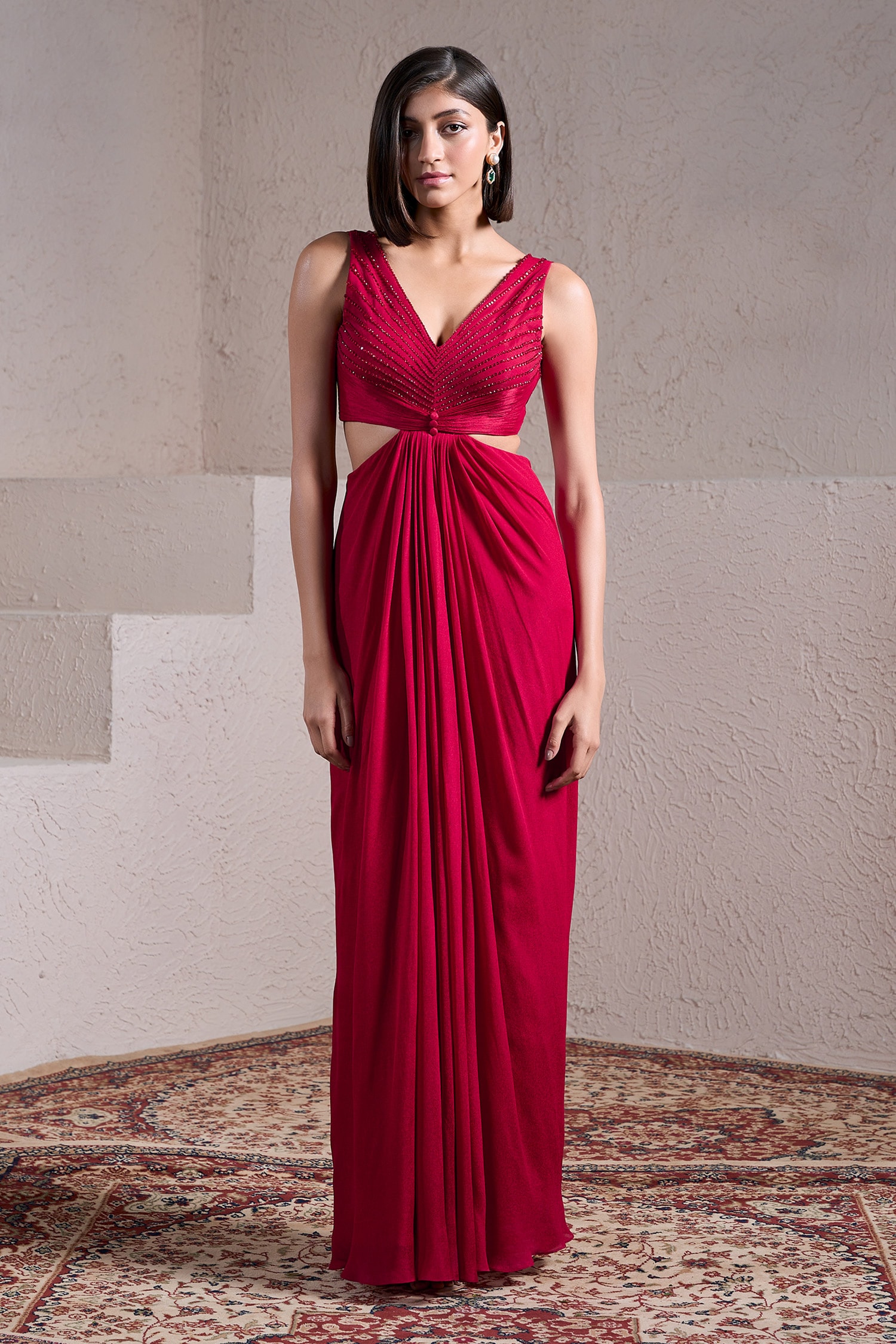 Buy Red Crepe Georgette Hand Embellished Beads V Berry Chic Yoke Gown ...