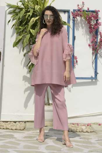 Buy Pink Pleated Polyester Patricia Floret And Pearl Tunic With Pant ...
