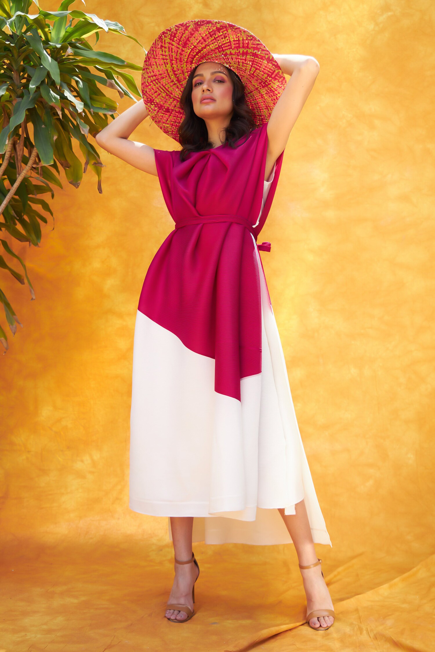 Buy Pink Pleated Polyester Colorblocked Boat Neck Finella Midi Dress ...