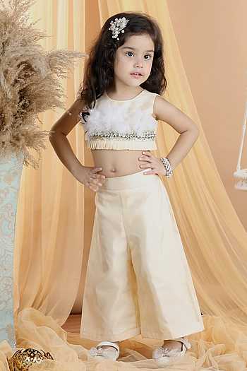 Buy Beige Silk Hand Embroidered Beads Crop Top And Palazzo Set For ...