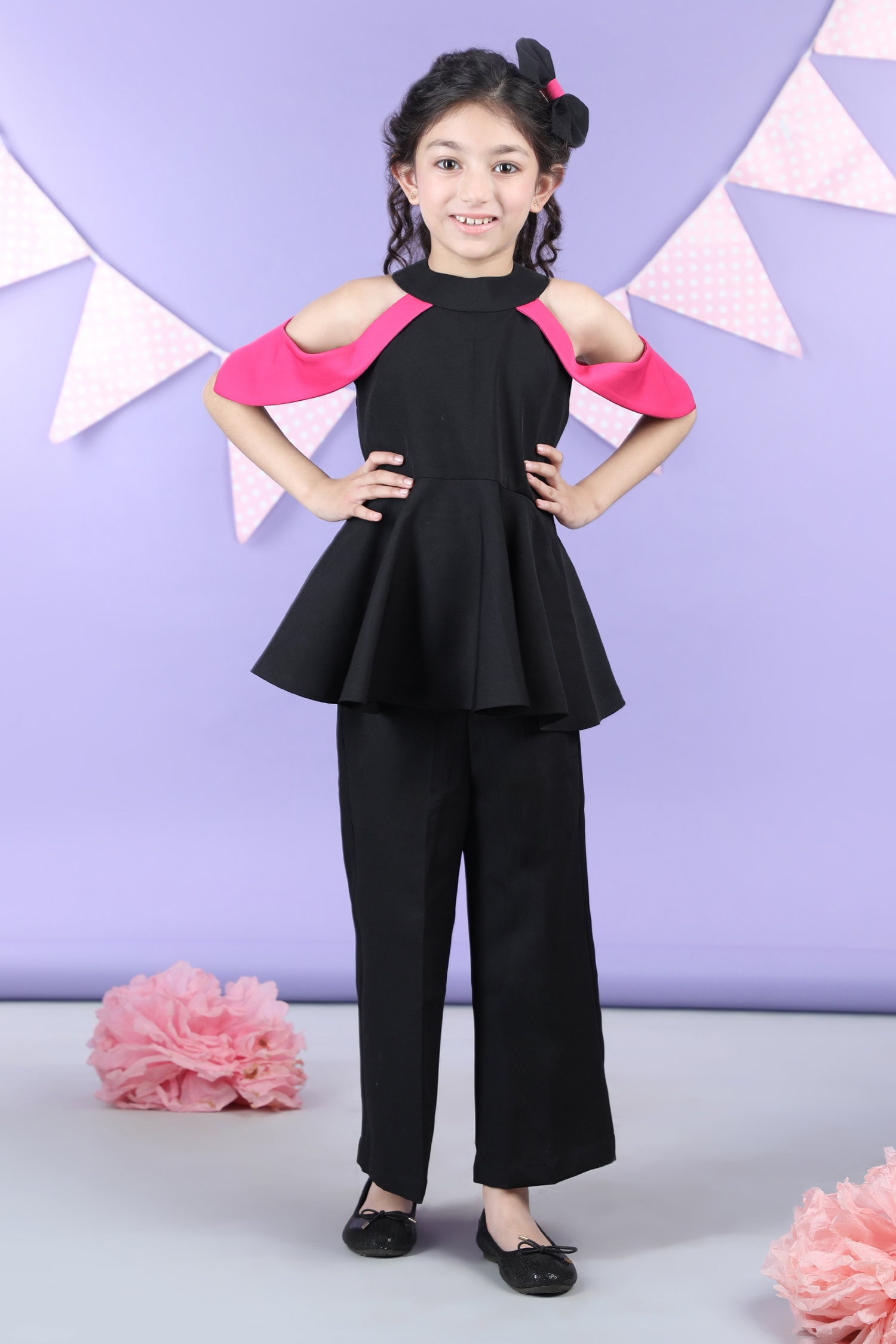 Buy Black Imported Crepe Solid Peplum Top And Pant Set For Girls by The ...