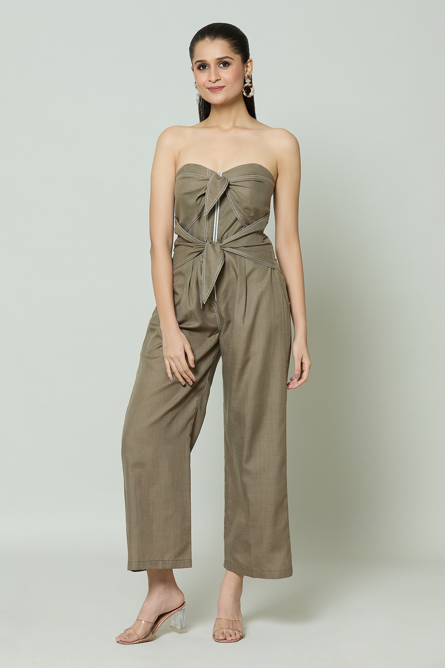 Buy Brown Cotton Thread Sweetheart Duo Braided Straight Jumpsuit For ...