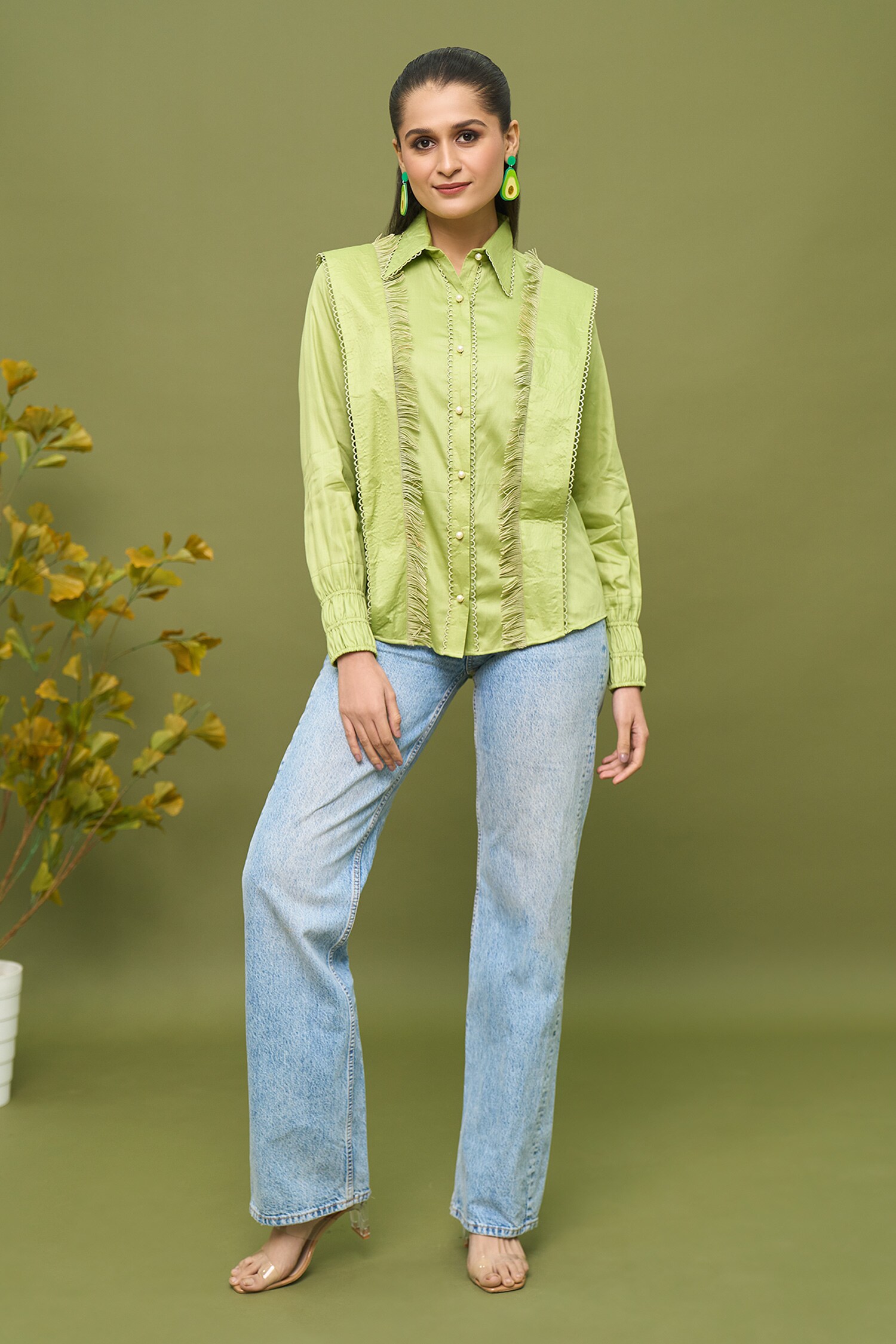 Buy Green Malai Cotton Embellished Lace Laso Pearl Button Overlap Shirt ...