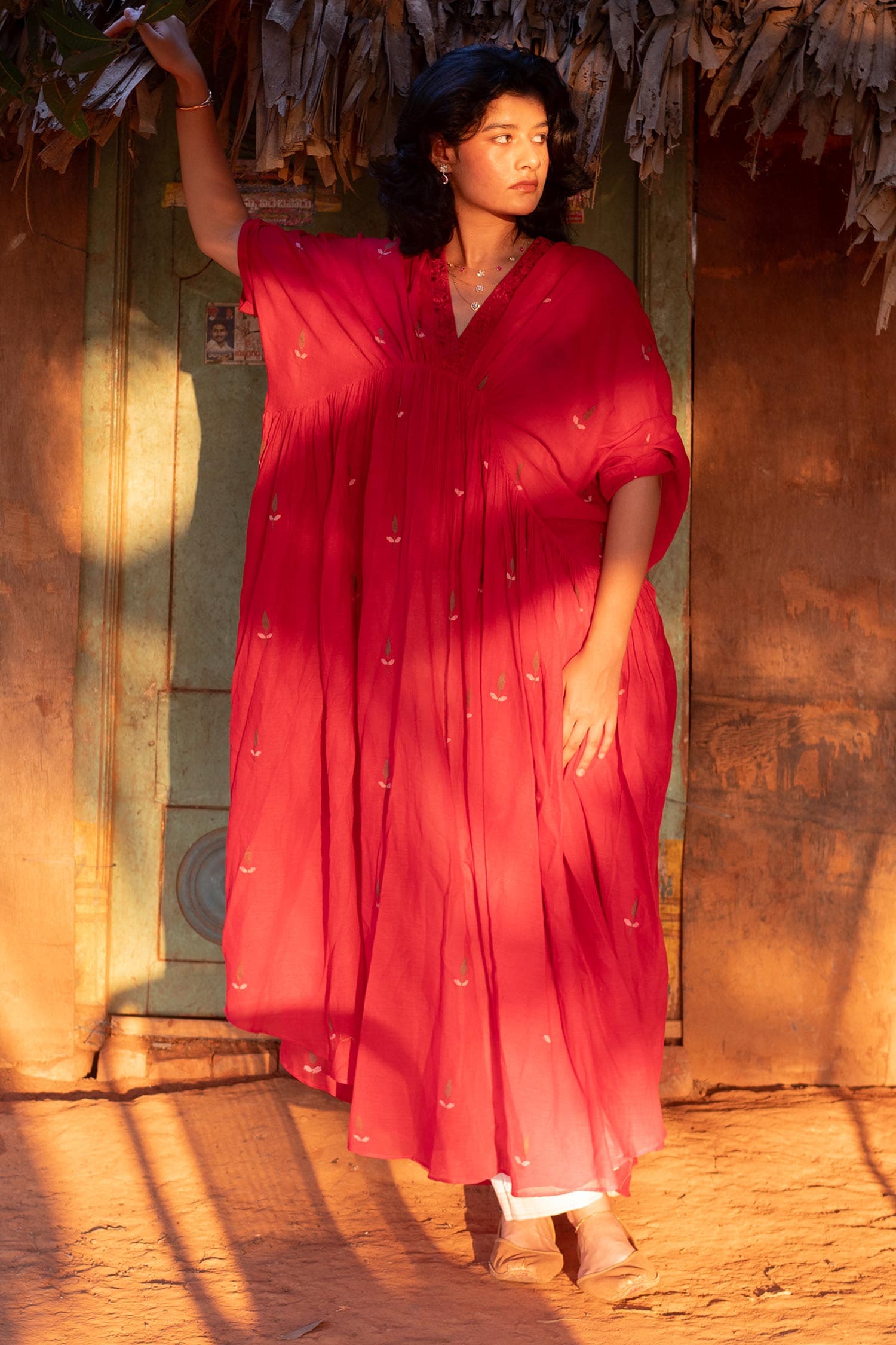 Buy Red Jamdani Printed Floral V Neck Embroidered Kaftan For Women by ...