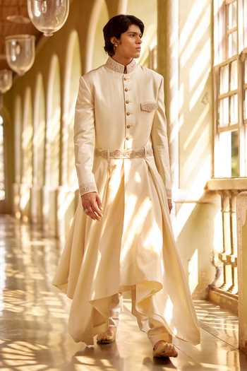 Buy Ivory Embroidered Dabka Zari Flared Asymmetric Sherwani With Belt ...