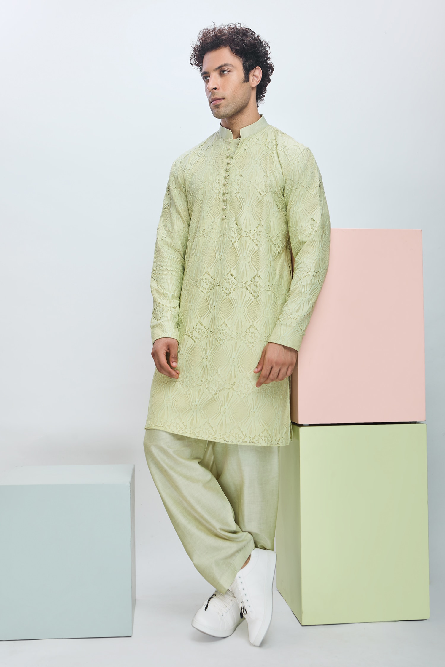 Buy Green Embroidery Lace Kurta With Pajama For Men by Nirmooha Online ...