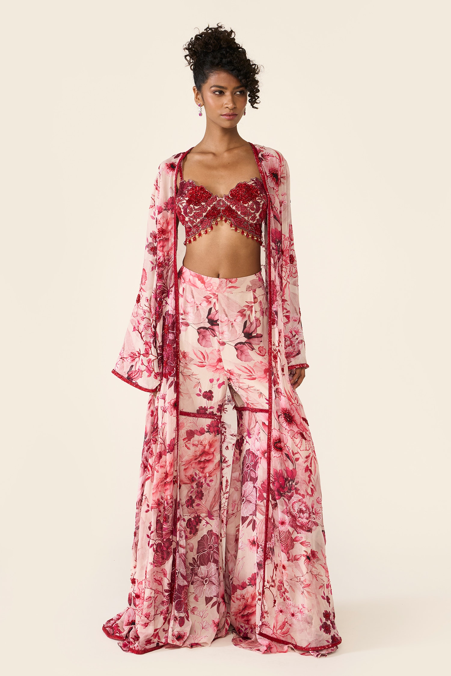 Buy Pink Georgette Printed Sequin Sweetheart Net Cape Sharara Set For ...