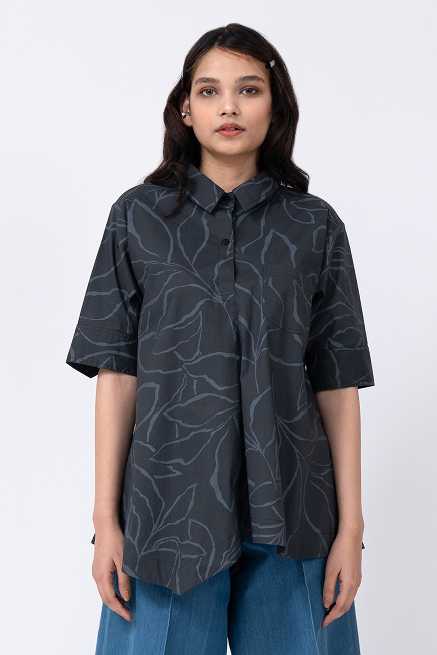 Buy Black 100% Cotton Print Leaf Collar Neck Abstract Slide Shirt For ...