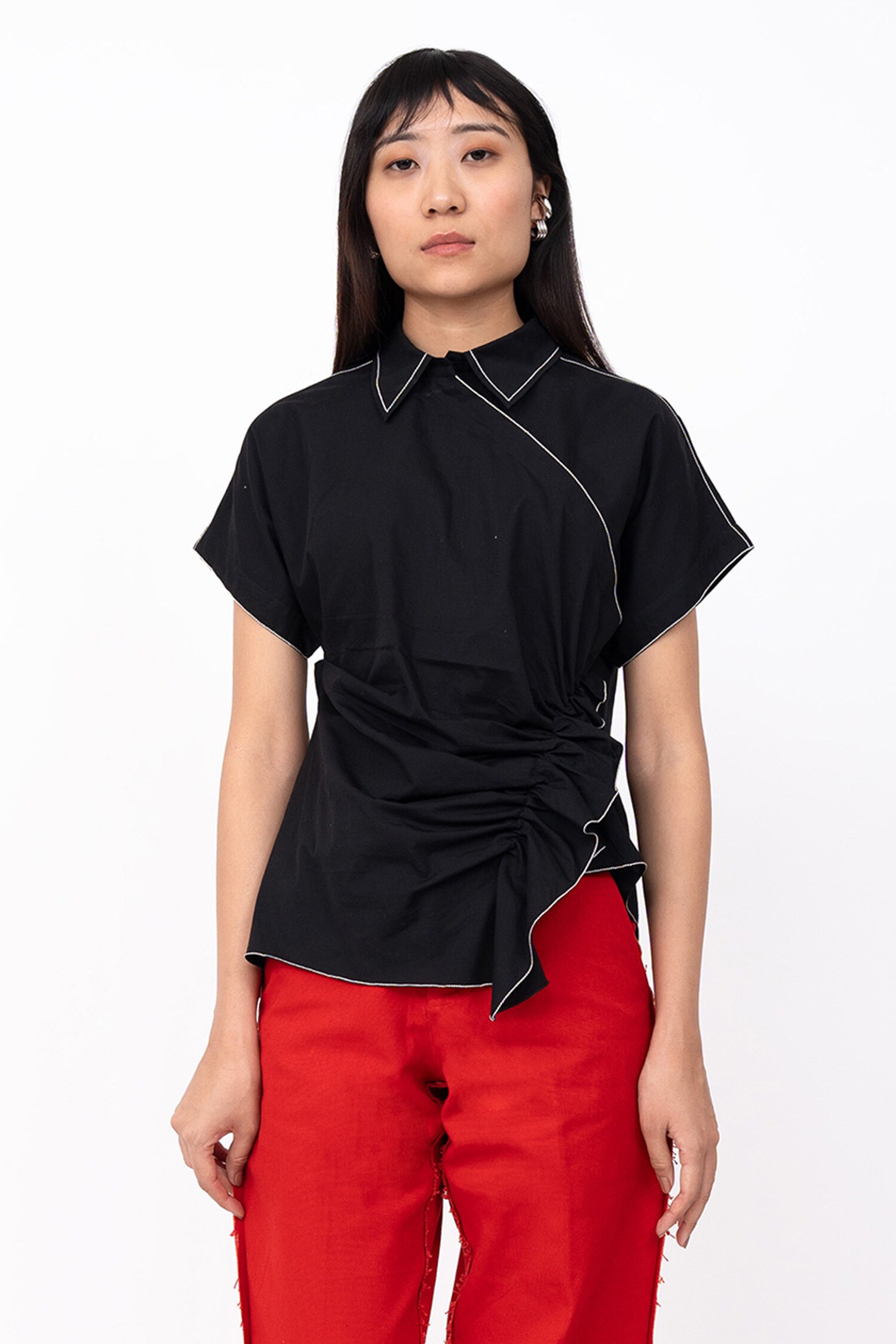 Buy Black 100% Cotton Collared Half Placket Asymmetric Scrunch Top For ...