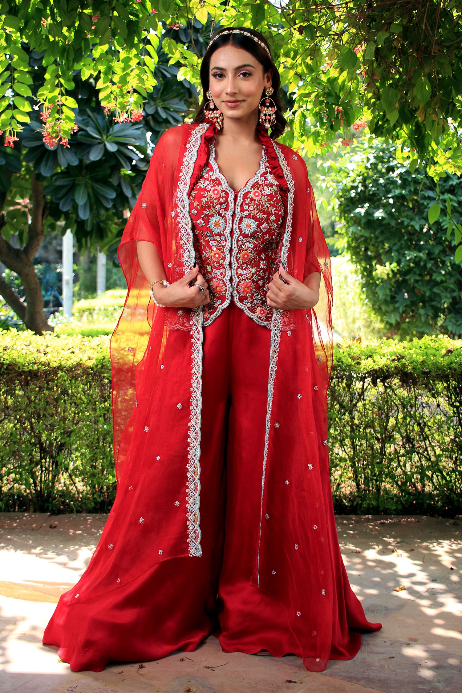 Buy Red Bamber Satin Hand Embroidered Threads Scalloped Cape And ...