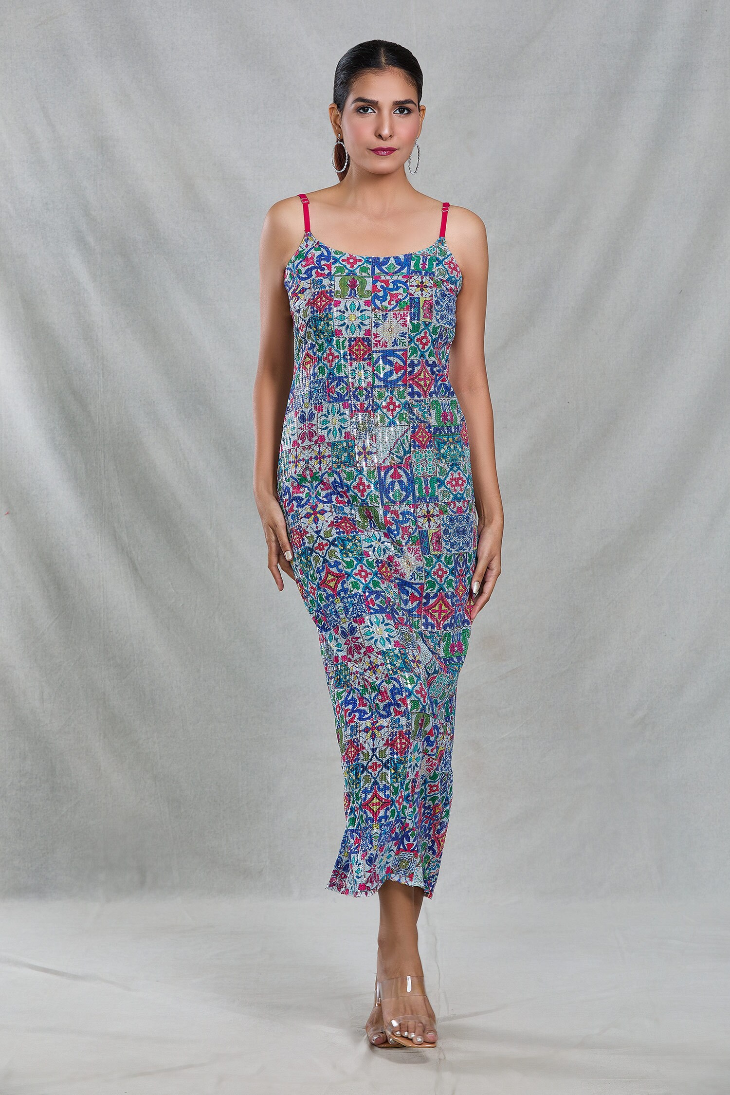 Buy Multi Color Cotton Poly Printed Abstract And Embroidered Maxi Dress ...