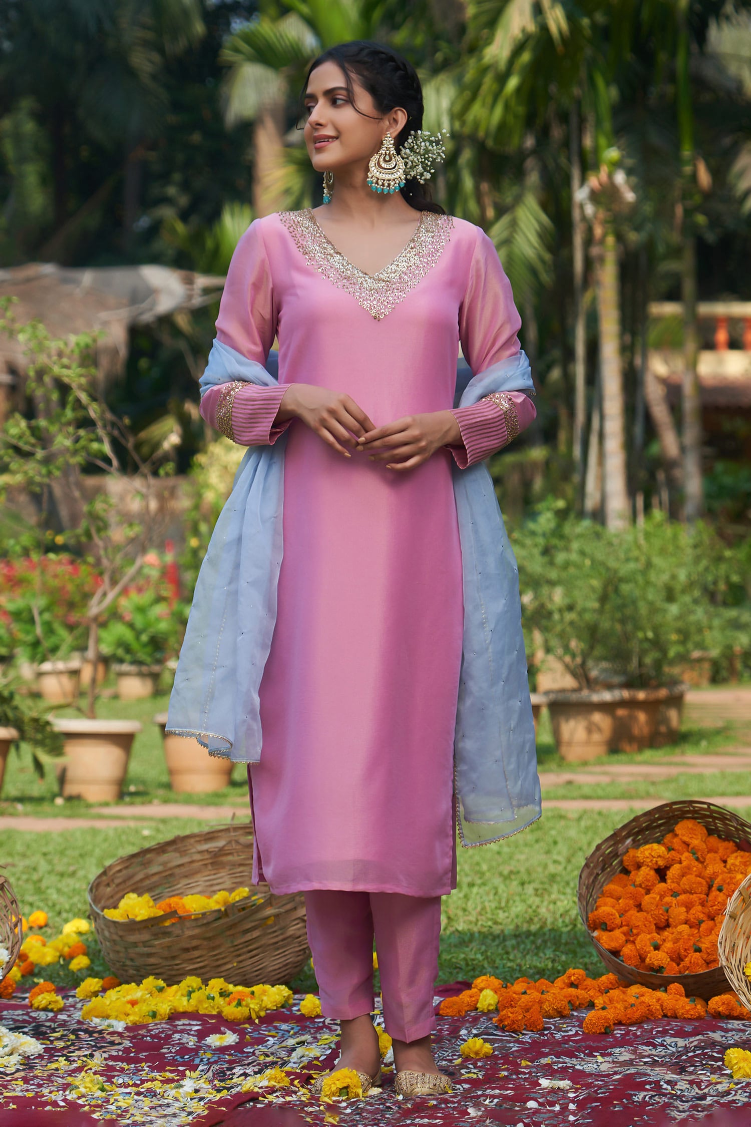 Buy Pink Tissue Embroidery Sequin V Neck Neckline Kurta Set For Women ...