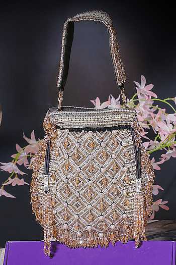 Buy Black Pearls Tulip Embroidered Potli With Detachable Handle by ...