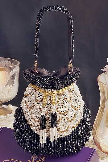 Buy Black Pearls Jasmine Hand Embroidered Potli With Detachable by ...