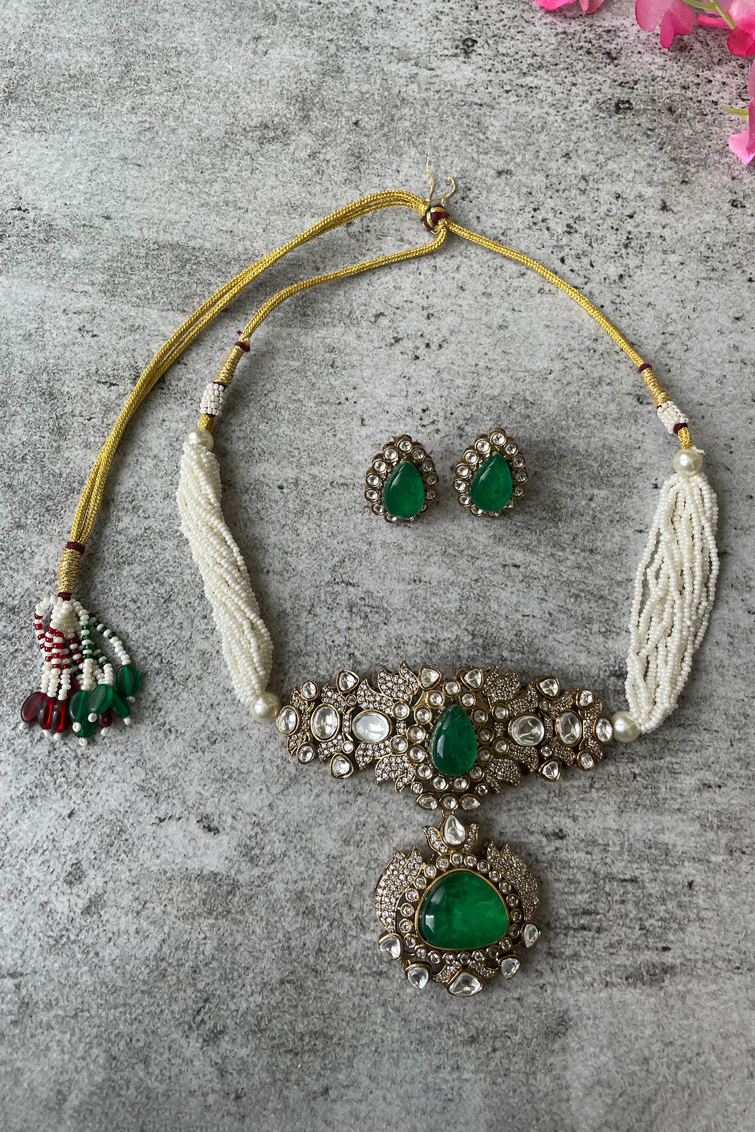 Buy Green Kundan Stones Embellished Pendant Choker Necklace Set by ...