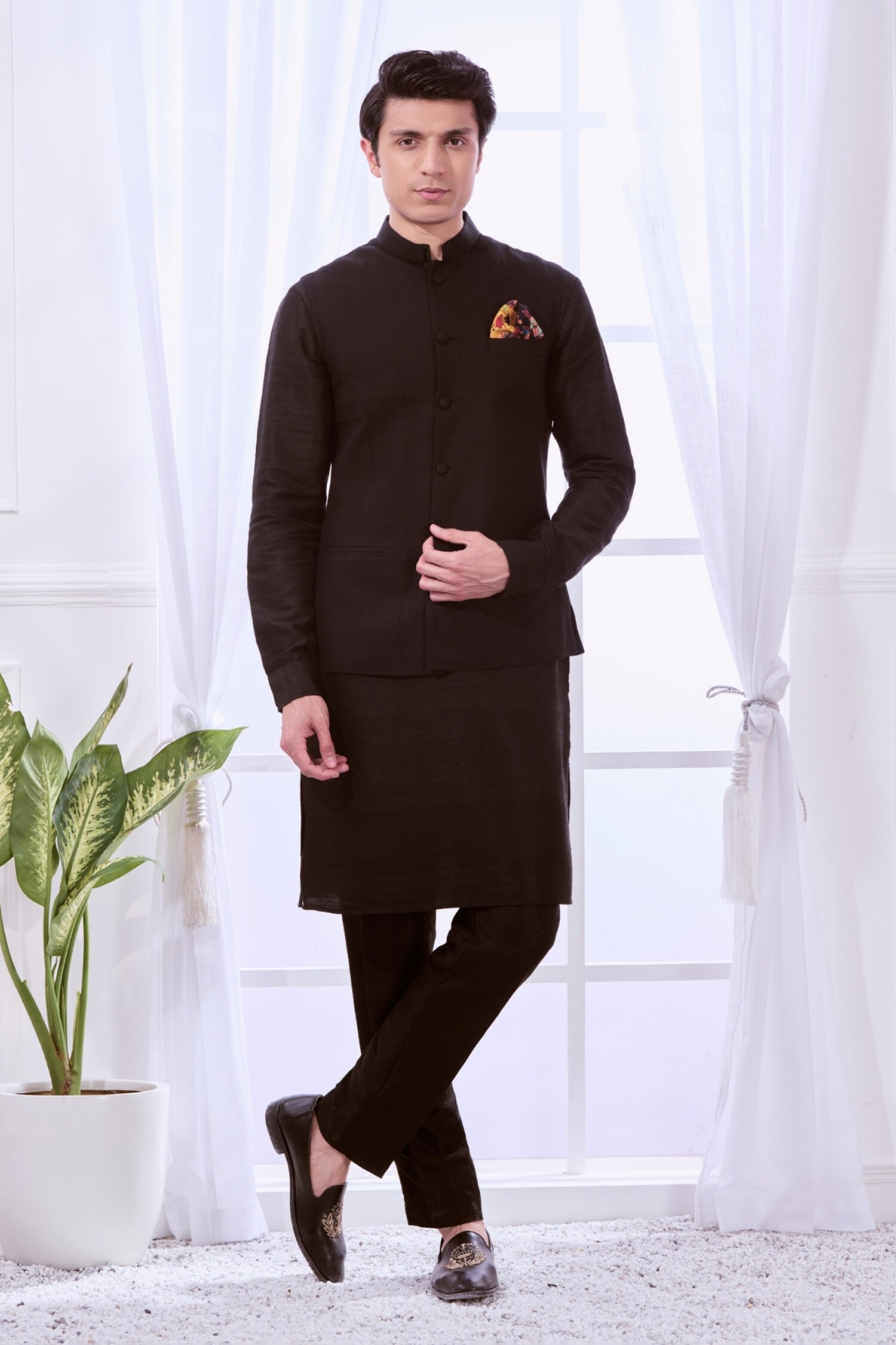 Buy Black Fine Wool Plain Royal Nawab Nehru Jacket For Men by Taroob ...