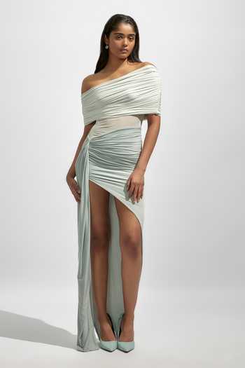 Buy Grey Net Solid Off Shoulder Neck High Low Ruched Dress For Women by ...
