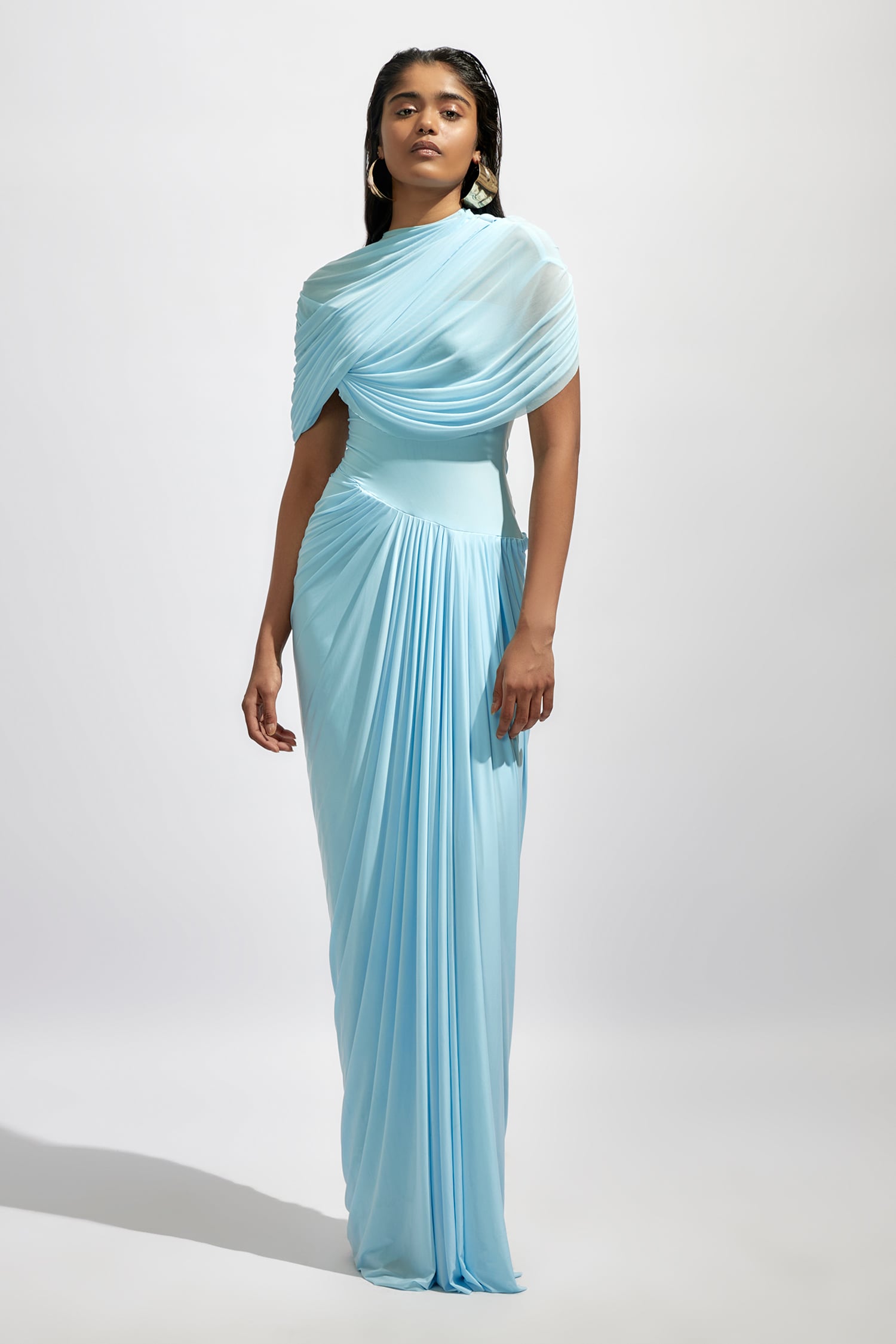 Buy Blue Net Solid High Neck Draped And Pleated Maxi Dress For Women by ...