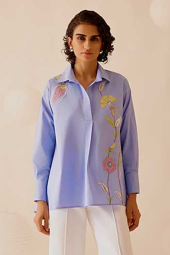 Buy Blue 100% Cotton Poplin Embroidery Chintz Flora Nina Patch Shirt ...
