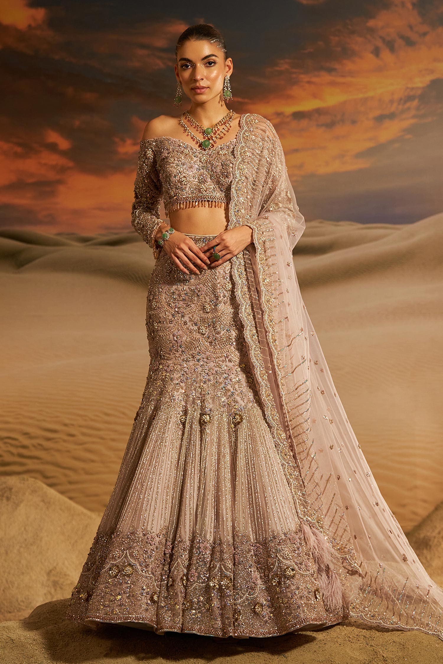 Buy Peach Organza Hand Embroidered Sequin Off Zahra Fish Cut Lehenga ...