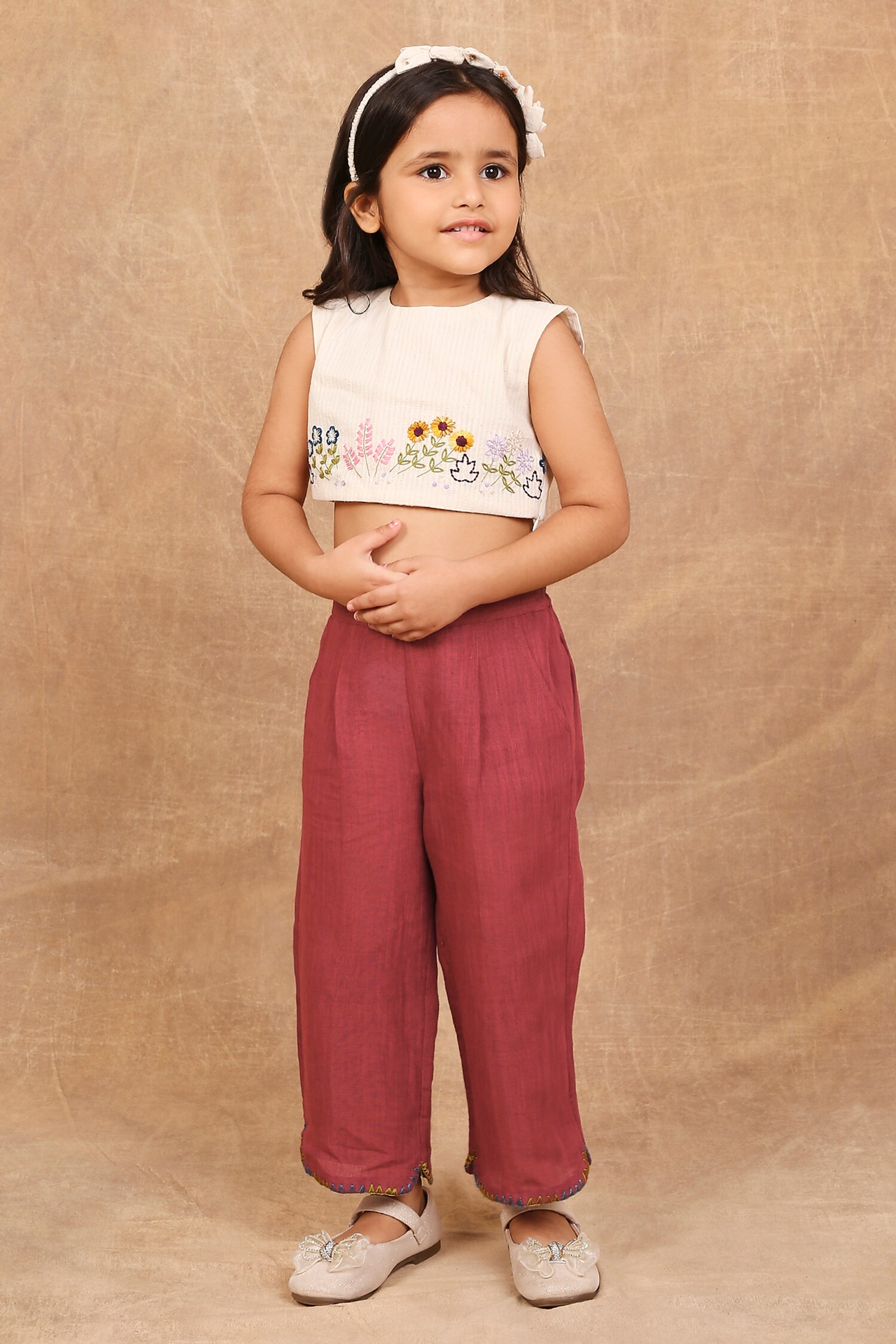 Buy Ivory Handloom Organic Cotton Embroidery Floral Top With Pant For ...