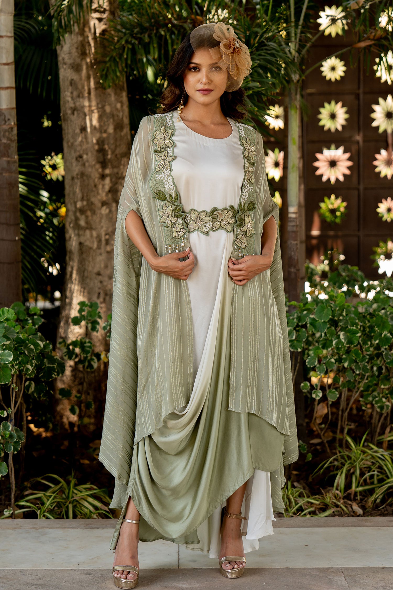 Buy Green Crepe Embroidered Thread Round Cape With Dress For Women by ...