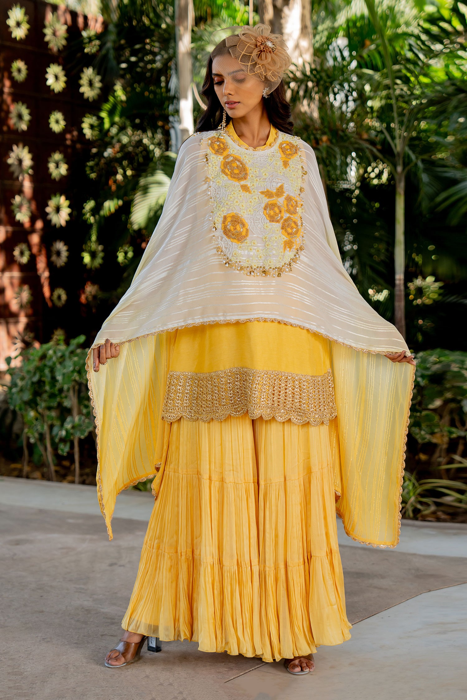 Buy Yellow Raw Silk Embroidered Thread Round Cape Gharara Set For Women ...