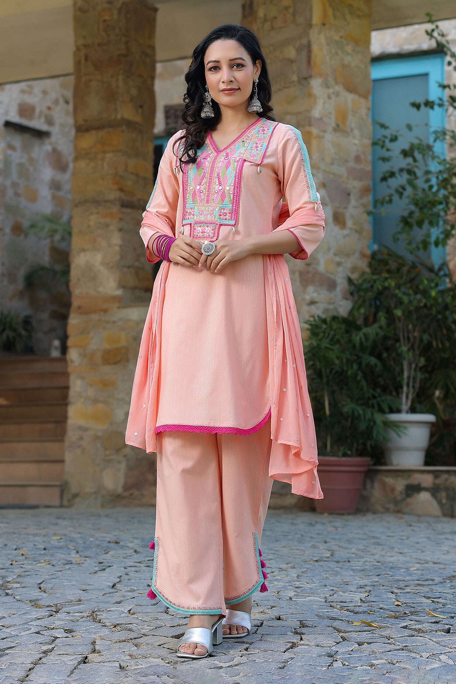 Buy Peach Kurta And Pant Cotton Embroidery Thread V Work Flared Set For Women by BAIRAAS Online ...