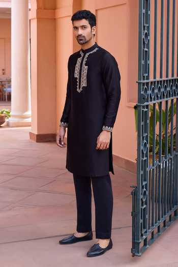 Buy Black Pure Chanderi Silk Embroidered Dori Marodi Kurta And Pant Set ...