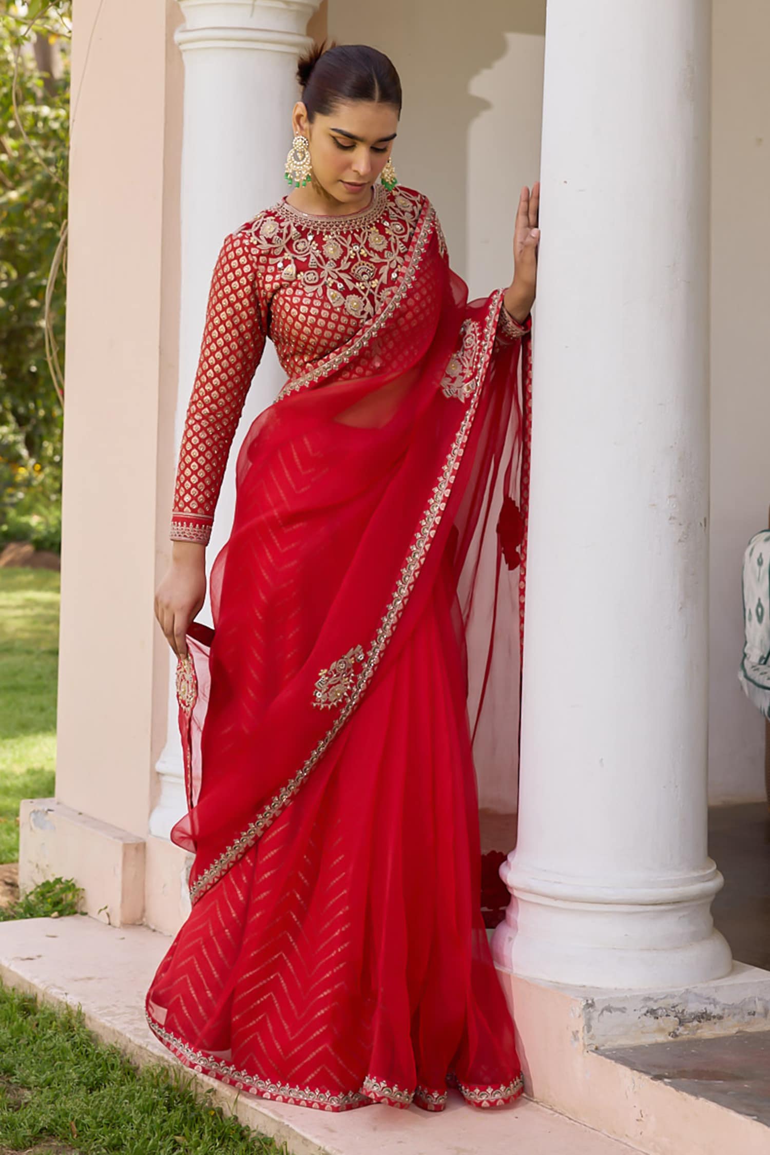 Buy Red Chanderi Jacquard Embroidered Dori Round Apsara Border Saree ...