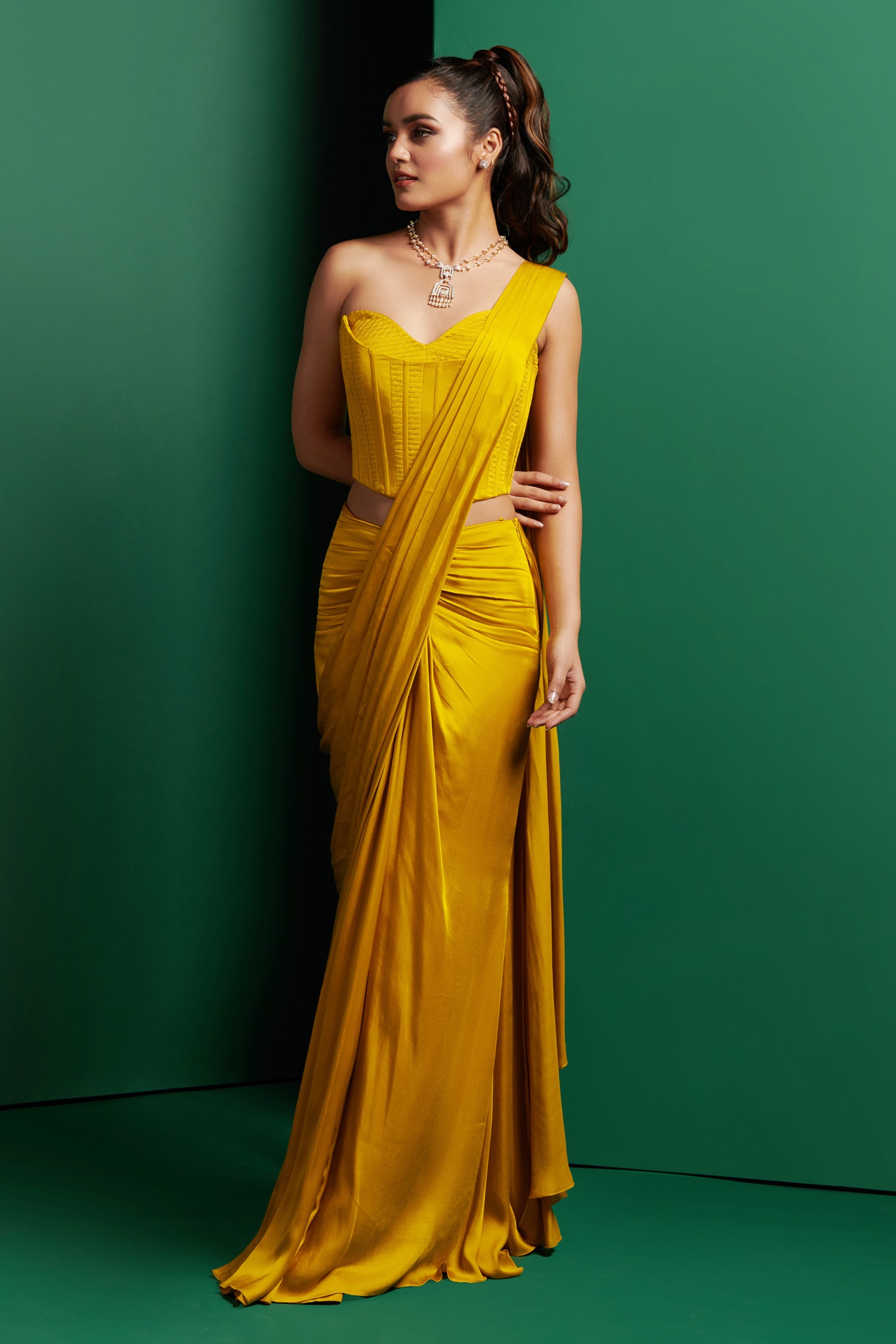 Buy Yellow Modal Satin Quilted Inner Corset Plain Pre-draped Saree Set ...