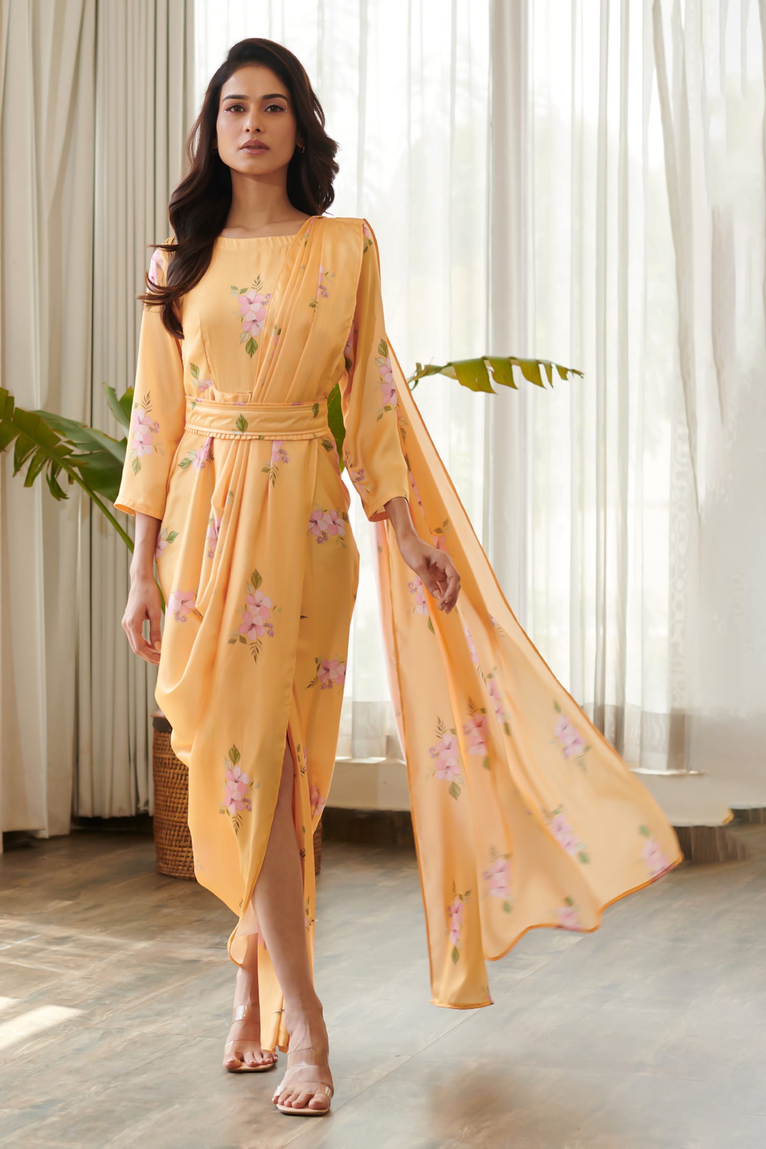 Buy Yellow Swiss Satin Print Jasmine Round Neck Draped Saree Gown For ...