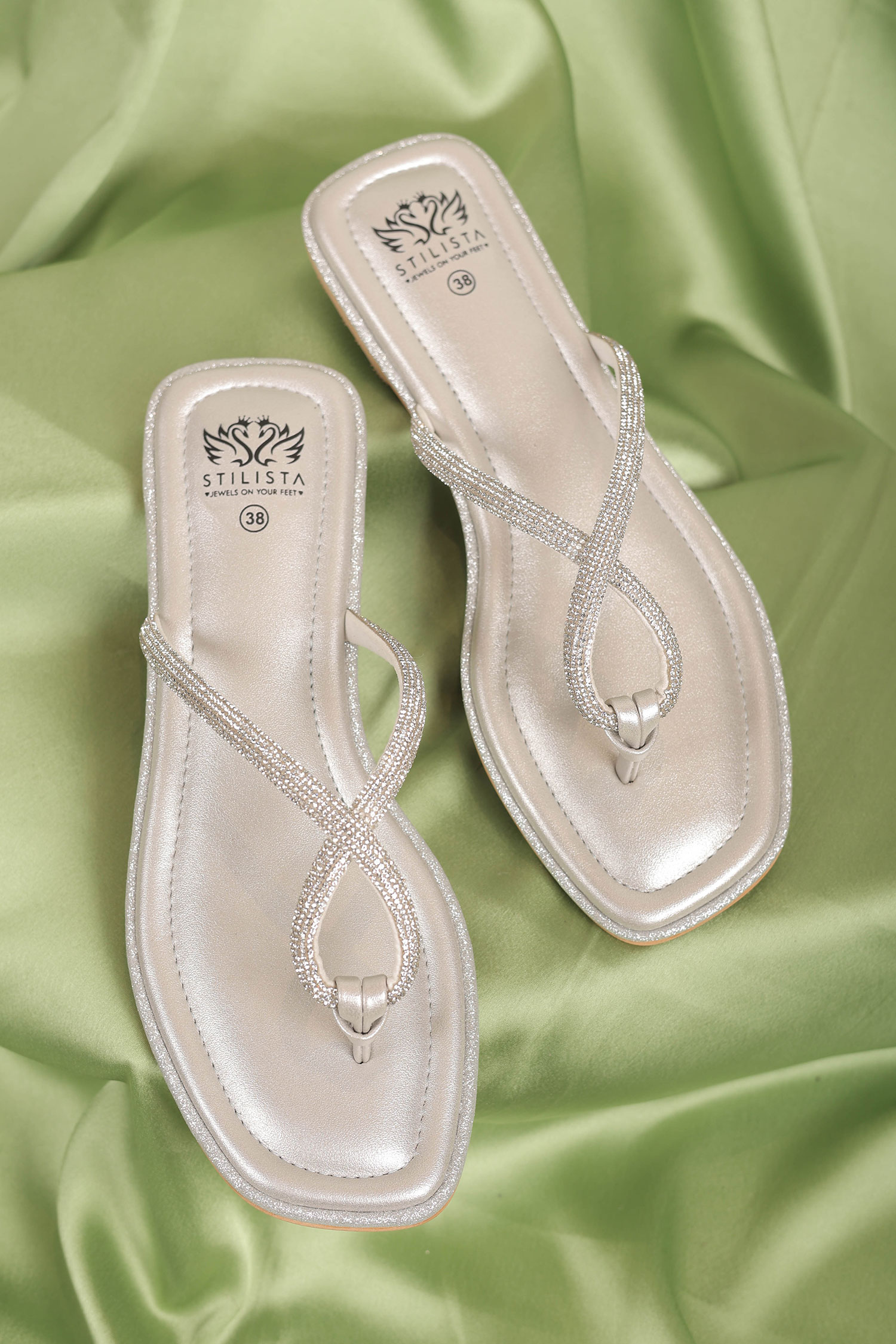 Buy Silver Stones Embellished Cross-strapped Slides by Stilista Online ...