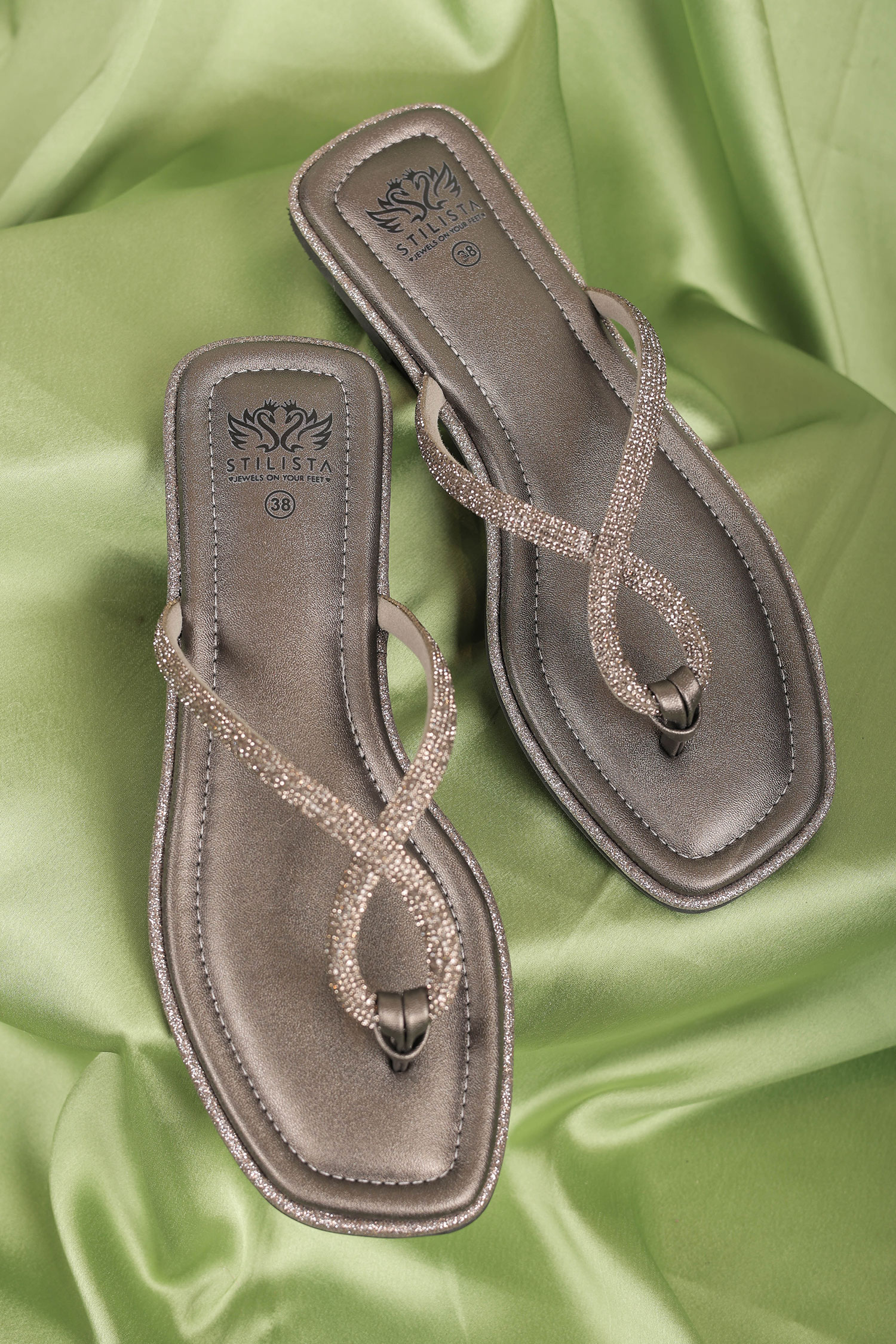 Buy Grey Stones Embellished Cross-strapped Slides by Stilista Online at ...