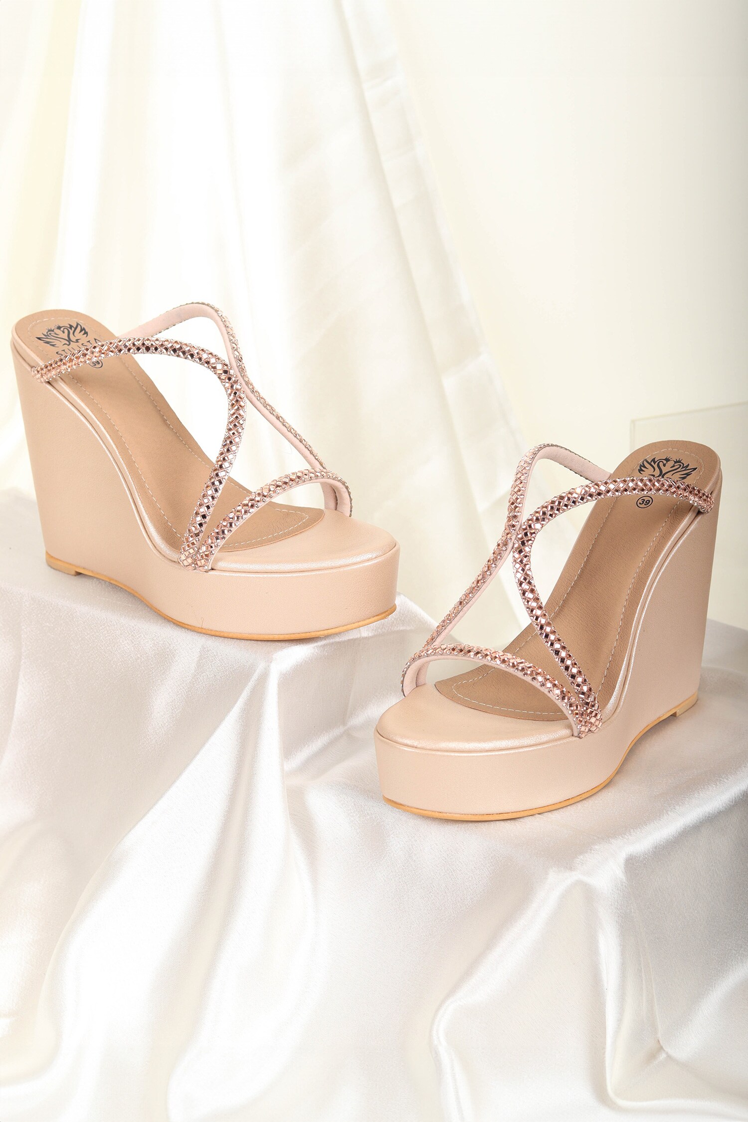 Buy Rose Gold Embellished Crystal Wedges by Stilista Online at Aza ...