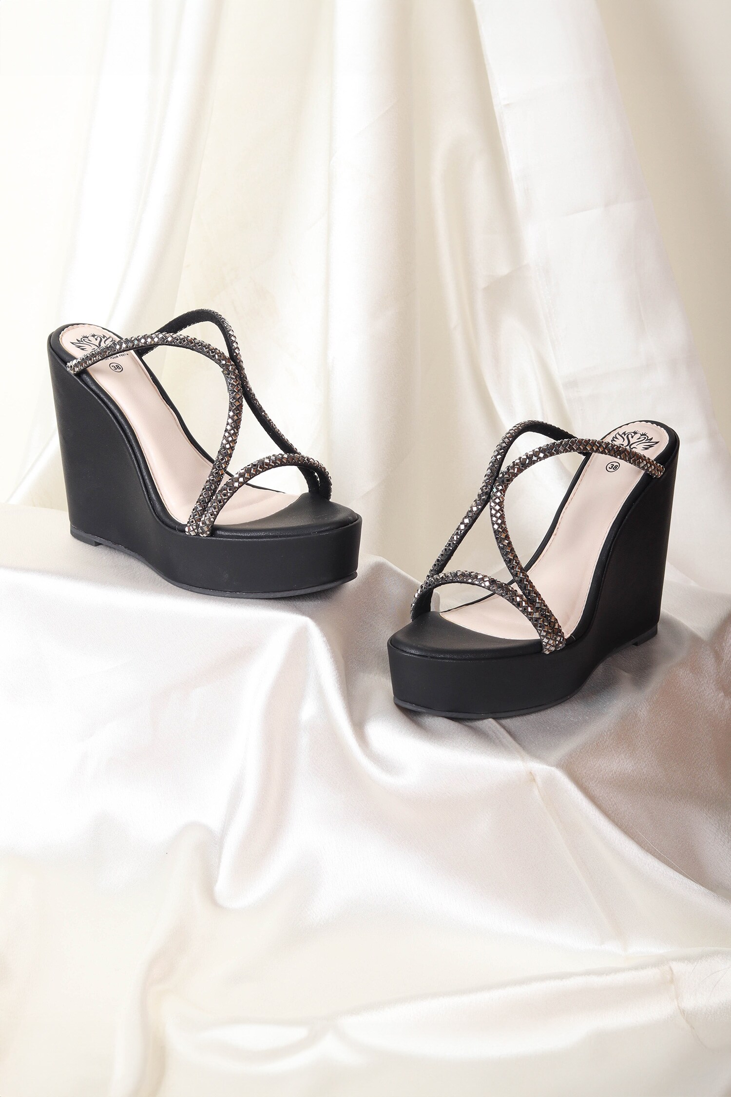 Buy Black Embellished Crystal Work Wedges by Stilista Online at Aza ...