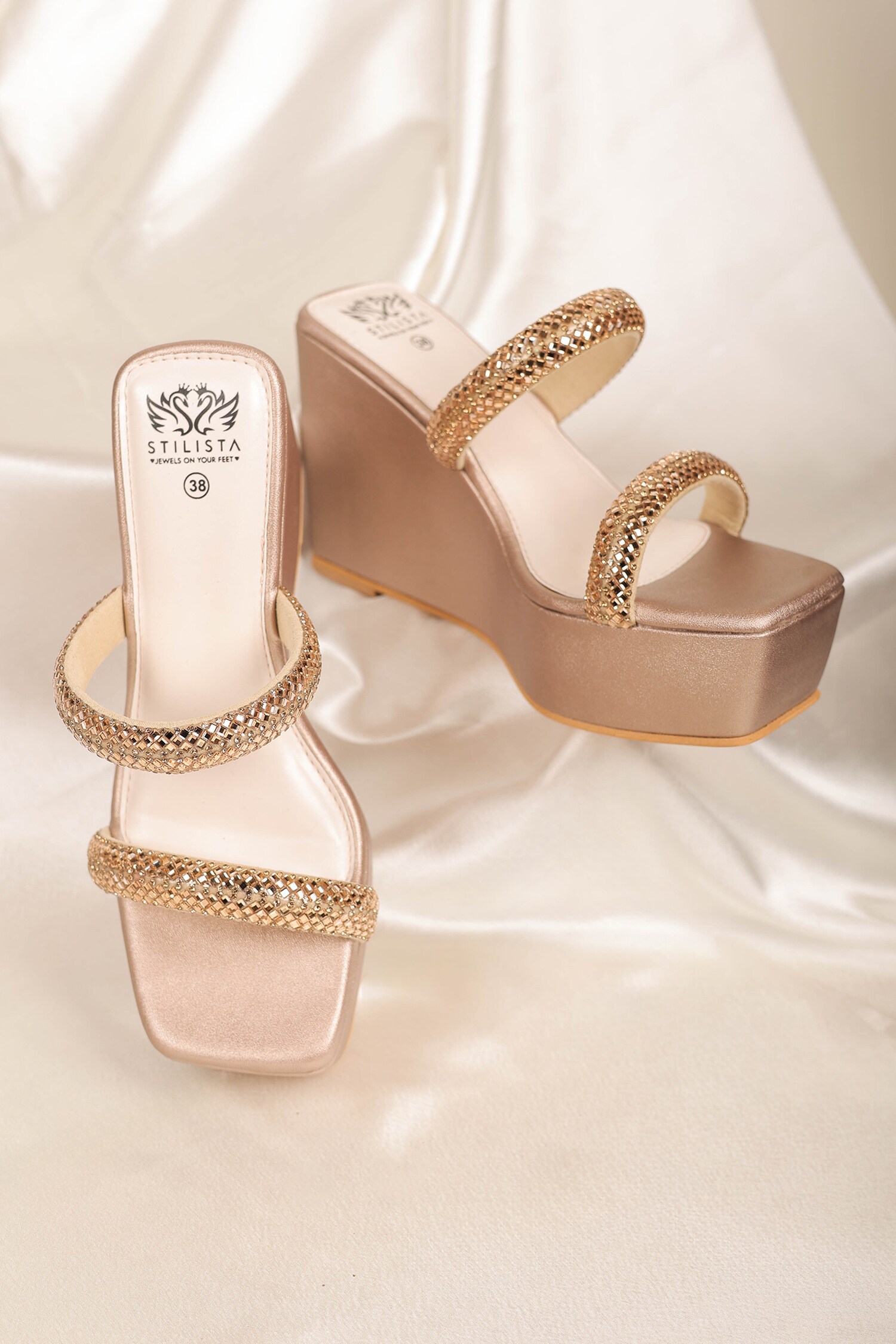 Buy Gold Embellished Parallel Strap Wedges by Stilista Online at Aza ...