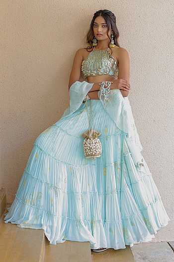 Buy Blue Georgette Printed Paisley Halter Tiered Lehenga Set For Women ...