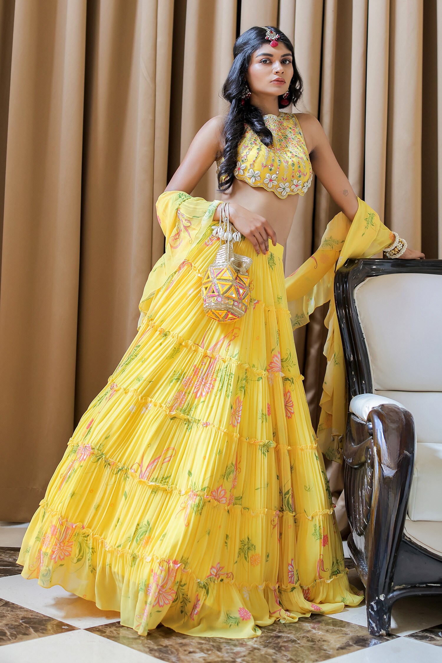 Buy Yellow Georgette Printed Paisley Halter Tiered Lehenga Set For ...